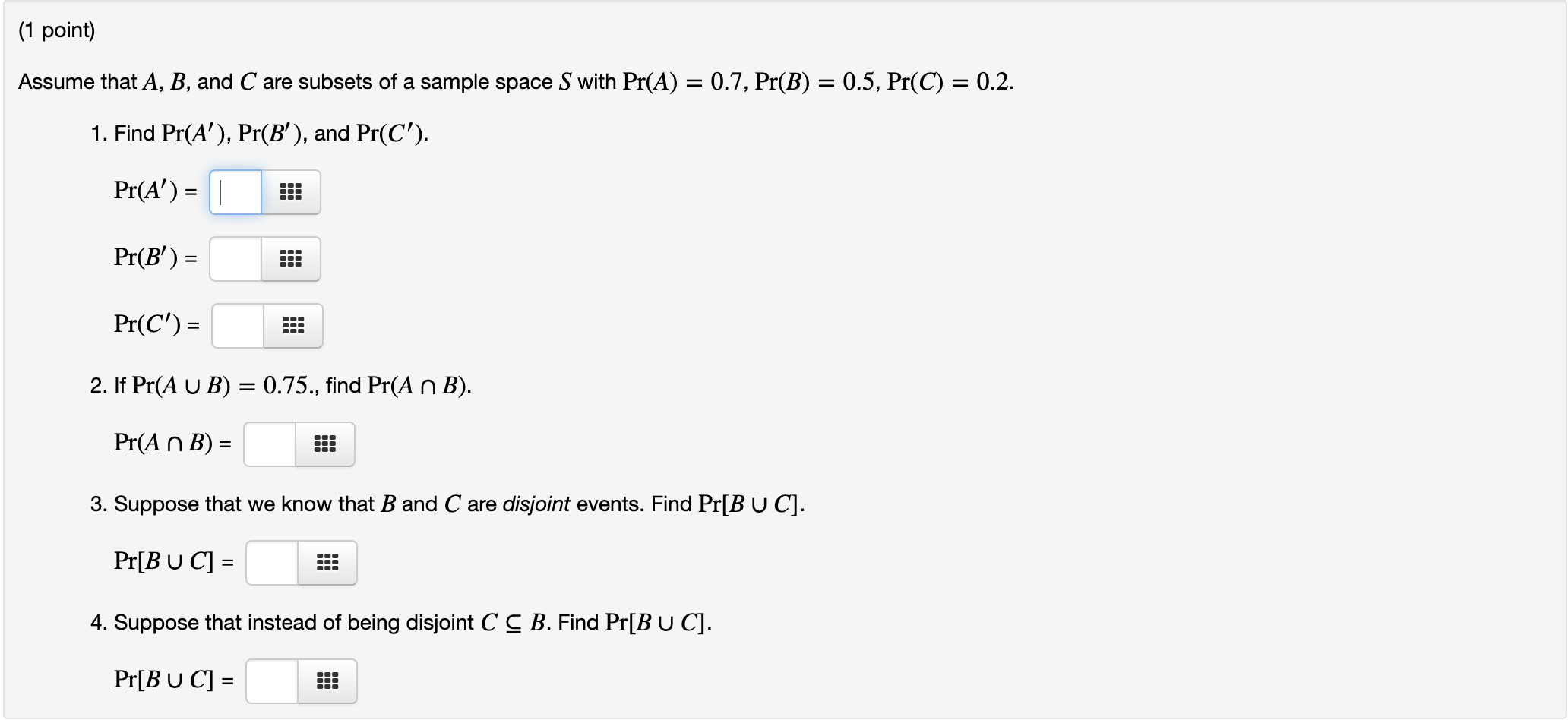 Solved Assume that A, B, and C are subsets of a sample space | Chegg.com