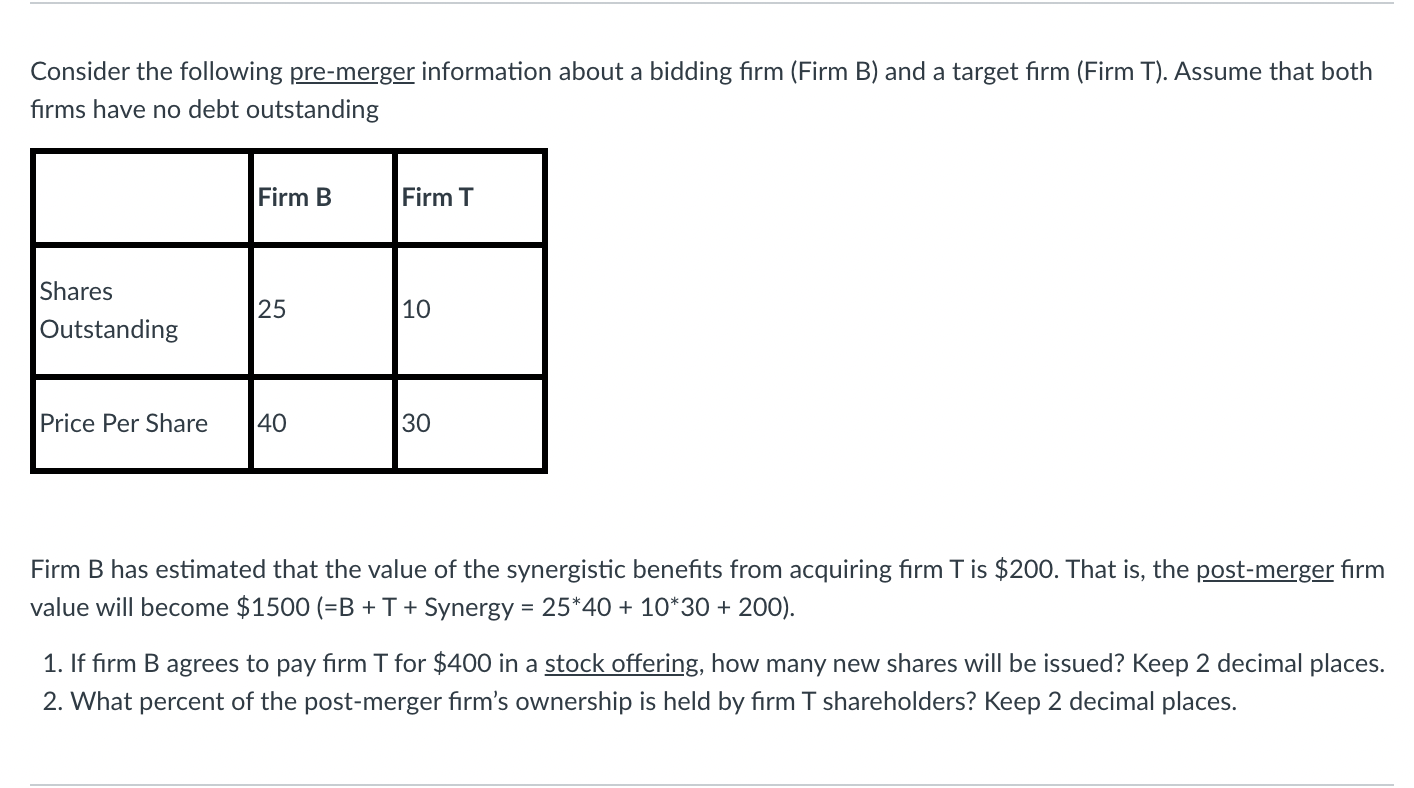 Consider the following pre-merger information about a | Chegg.com