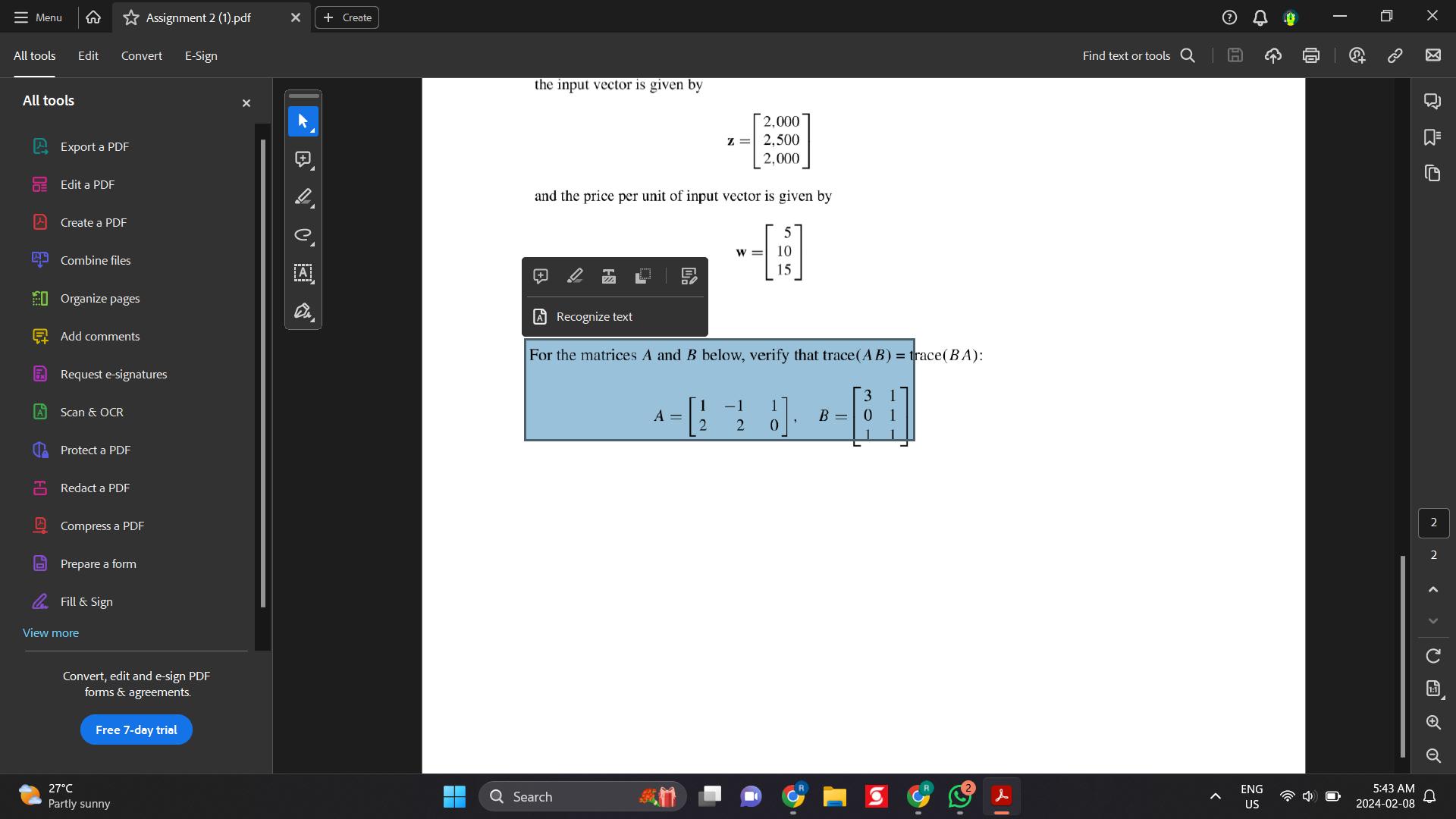 Solved For the matrices A and B ﻿below, verify that | Chegg.com