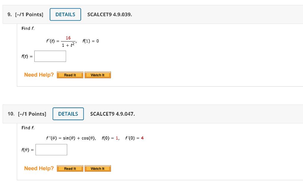 Solved 9. [-/1 Points] DETAILS SCALCET9 4.9.039. Find f. 16 | Chegg.com