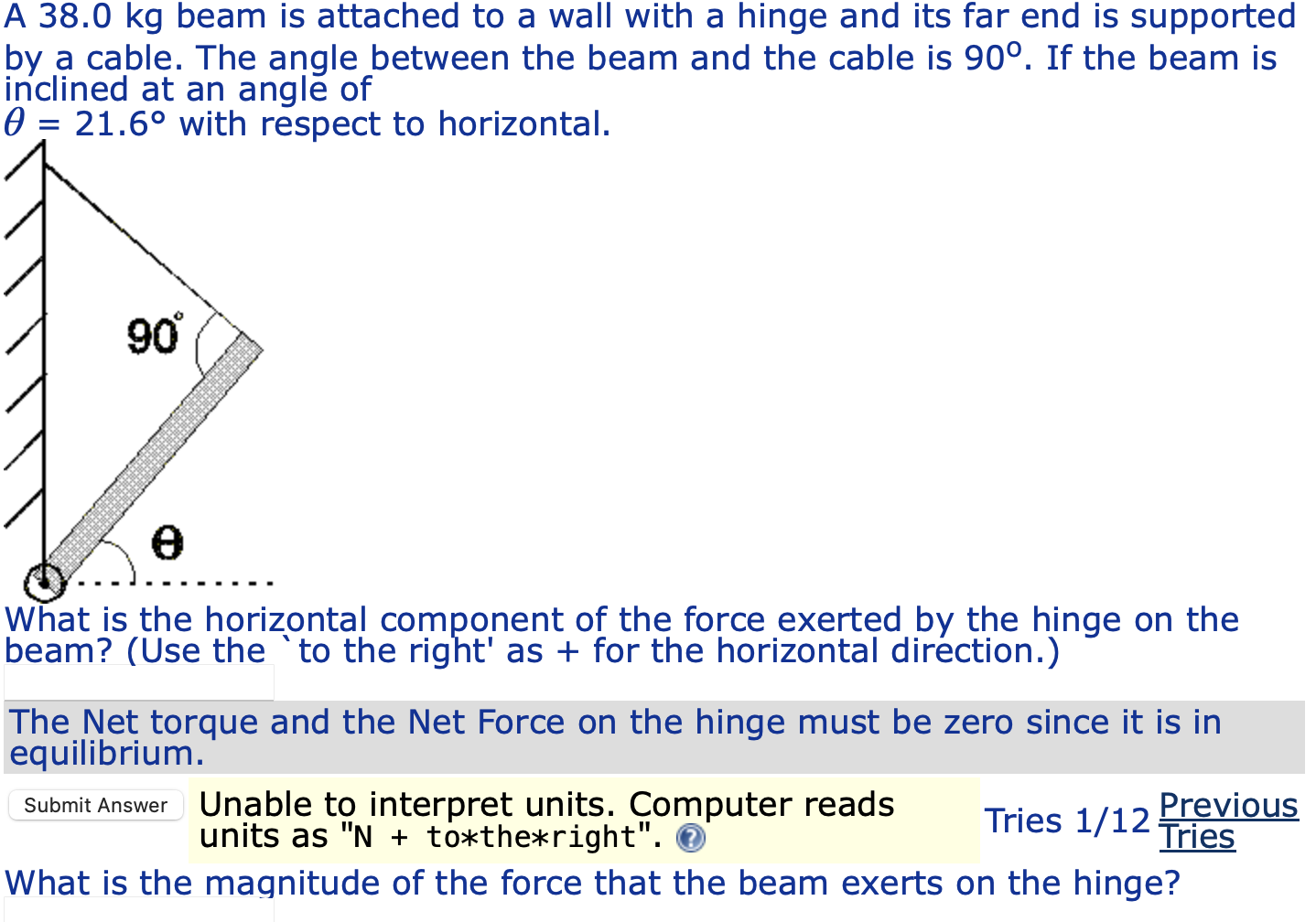 Solved A 38.0 kg ﻿beam is ﻿attached to ﻿a wall with a hinge | Chegg.com