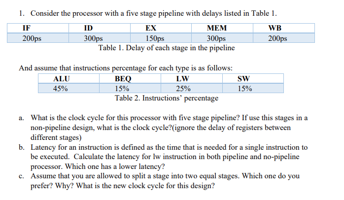 Solved 1. Consider the processor with a five stage pipeline | Chegg.com