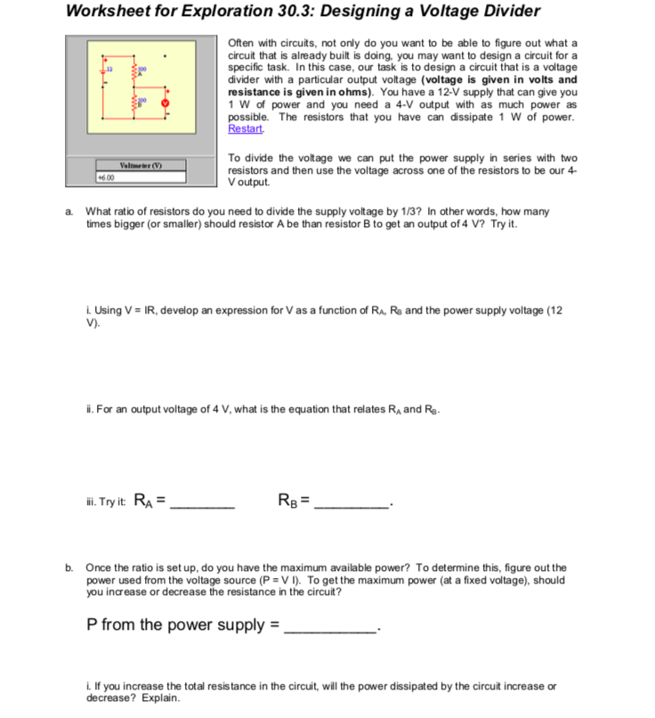 Solved Worksheet for Exploration 30.3: Designing a Voltage | Chegg.com