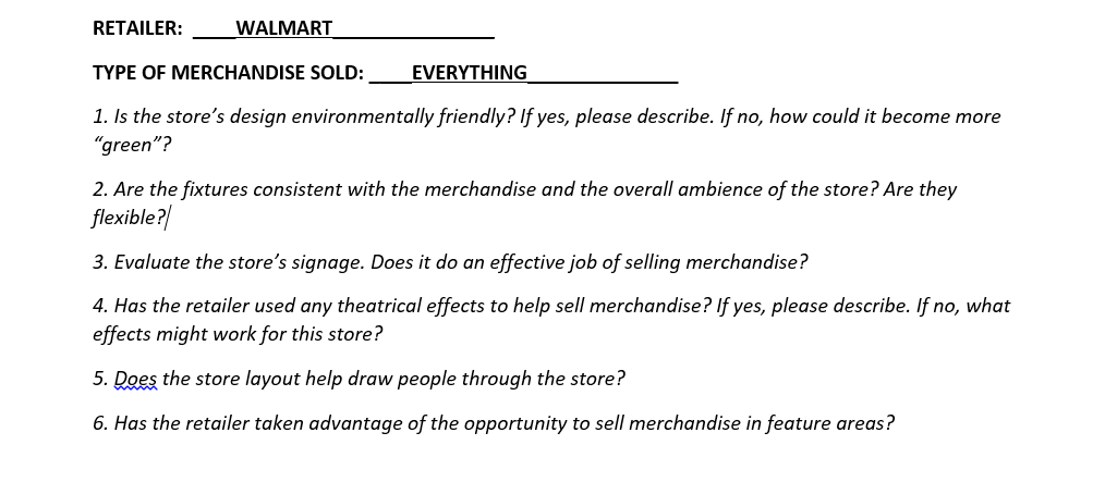 Solved RETAILER: WALMART TYPE OF MERCHANDISE SOLD: | Chegg.com