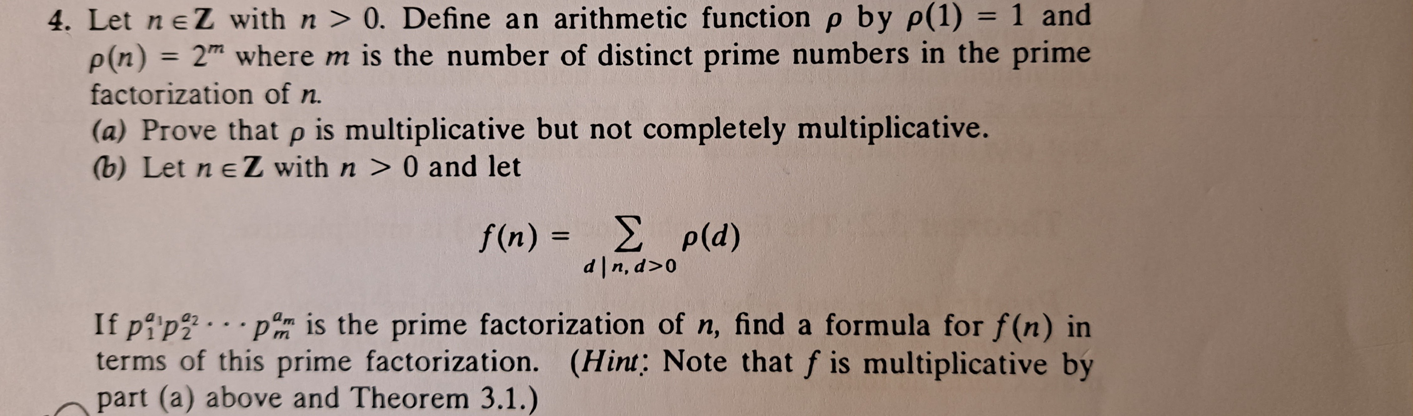 Solved 4. Let n∈Z with n>0. Define an arithmetic function ρ | Chegg.com