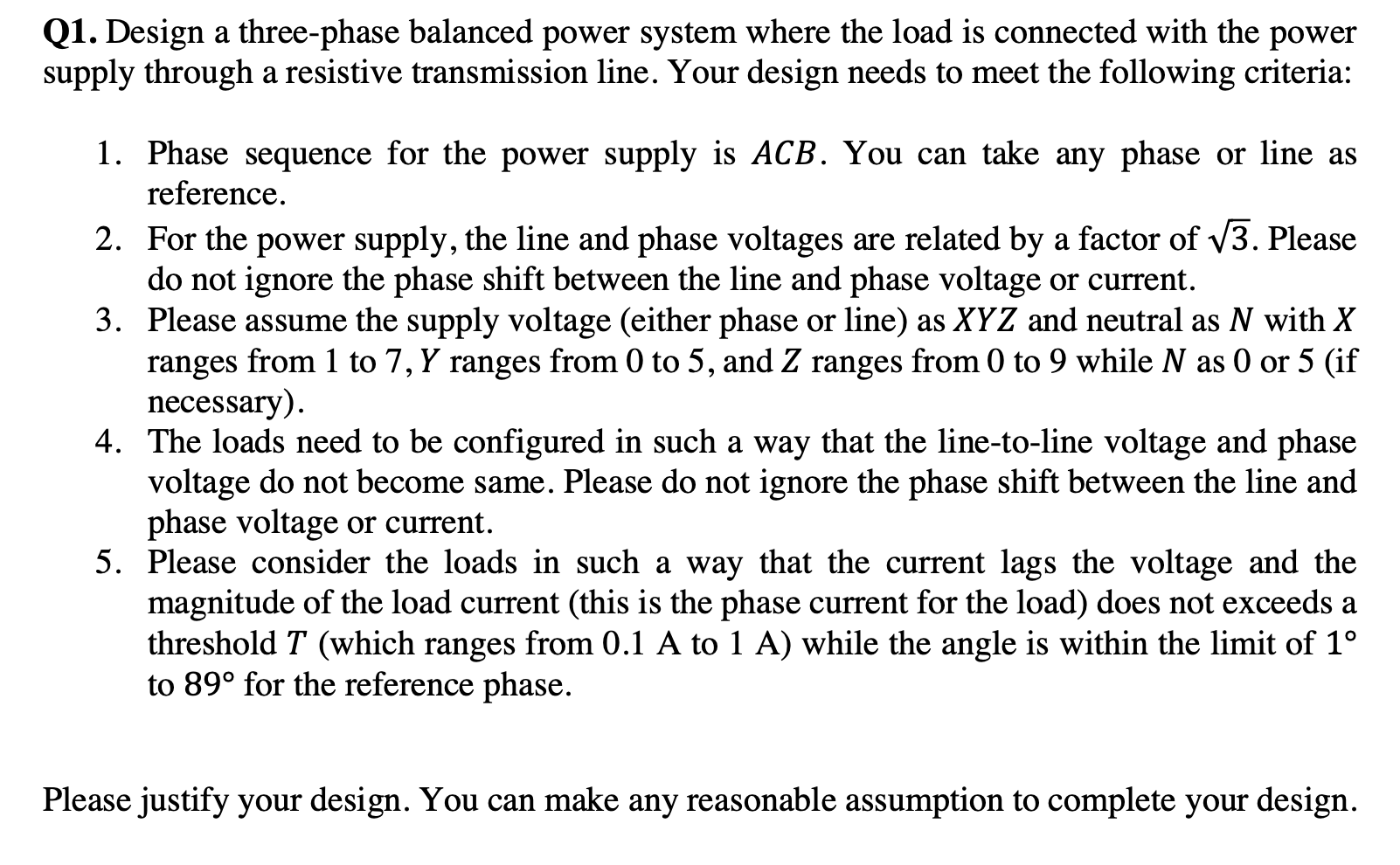 Solved Q1. Design a three-phase balanced power system where | Chegg.com