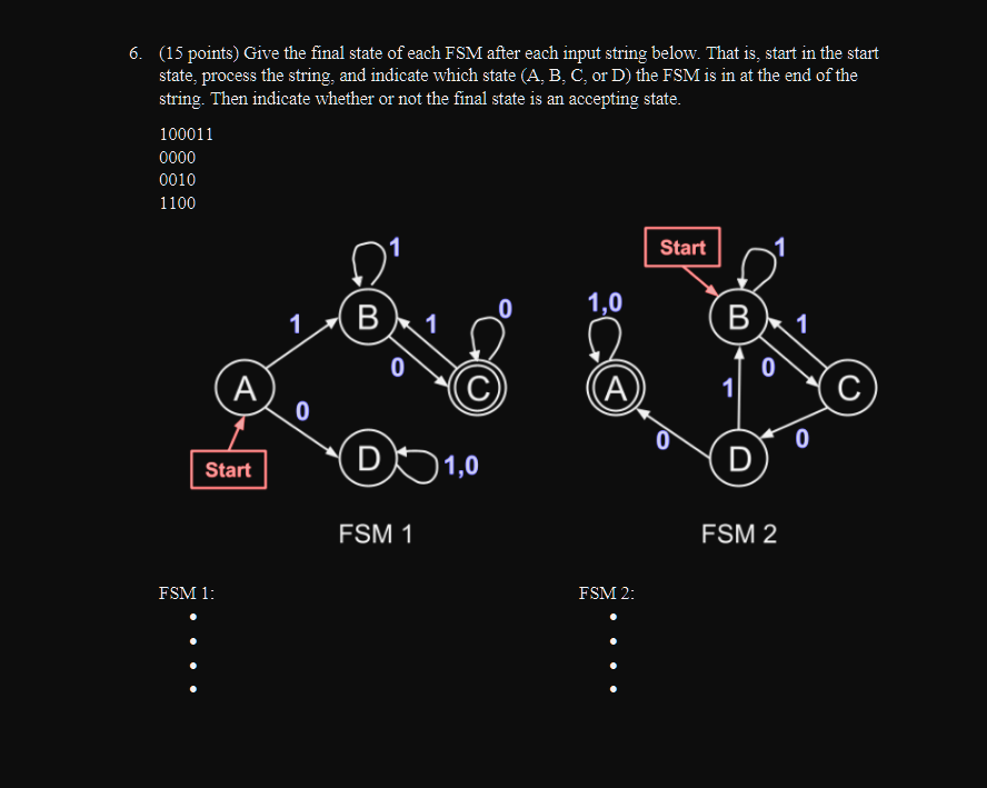 Solved 6. (15 points) Give the final state of each FSM after | Chegg.com