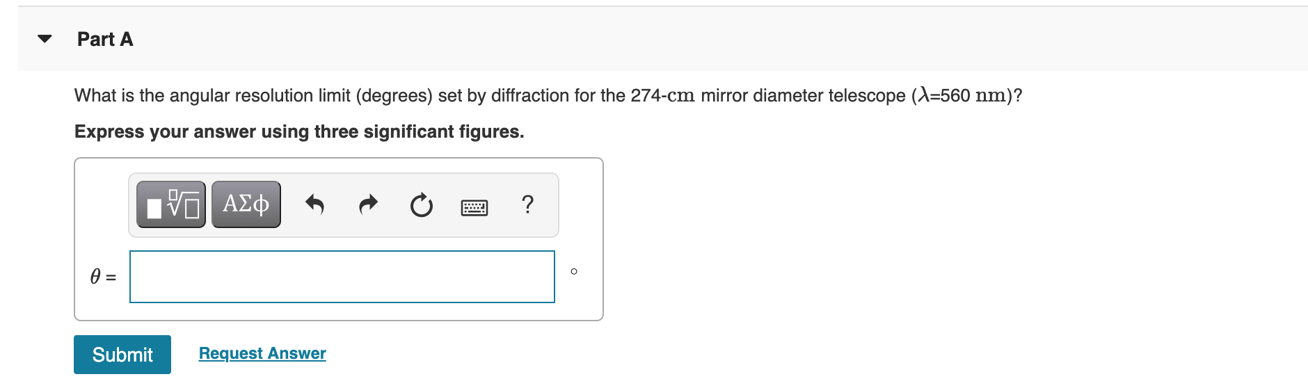 Solved Part A What is the angular resolution limit (degrees) | Chegg.com