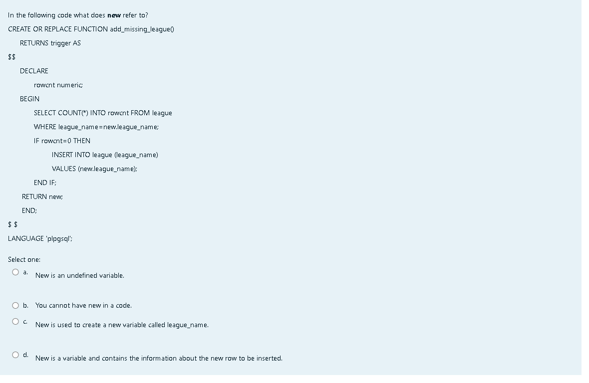 Solved In the following code what does new refer to? CREATE | Chegg.com