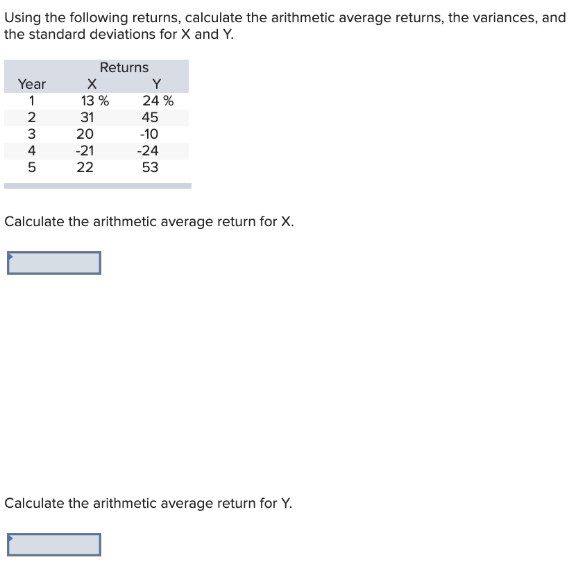 Solved Using the following returns, calculate the arithmetic | Chegg.com