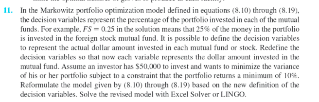 11. In the Markowitz portfolio optimization model | Chegg.com