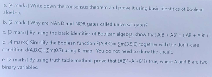 Solved a. [4 marks] Write down the consensus theorem and | Chegg.com