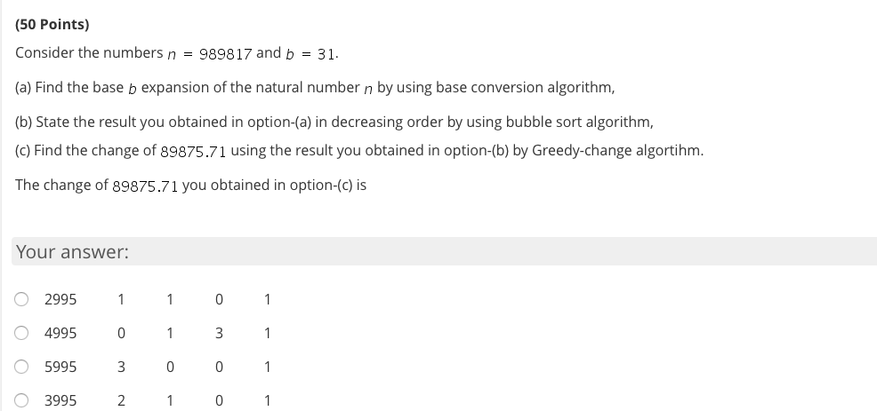 Solved (50 Points) Consider the numbers n = 989817 and b = | Chegg.com