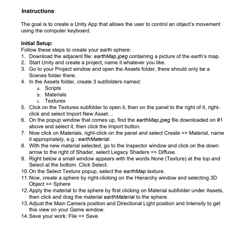 Instructions: The goal is to create a Unity App that | Chegg.com