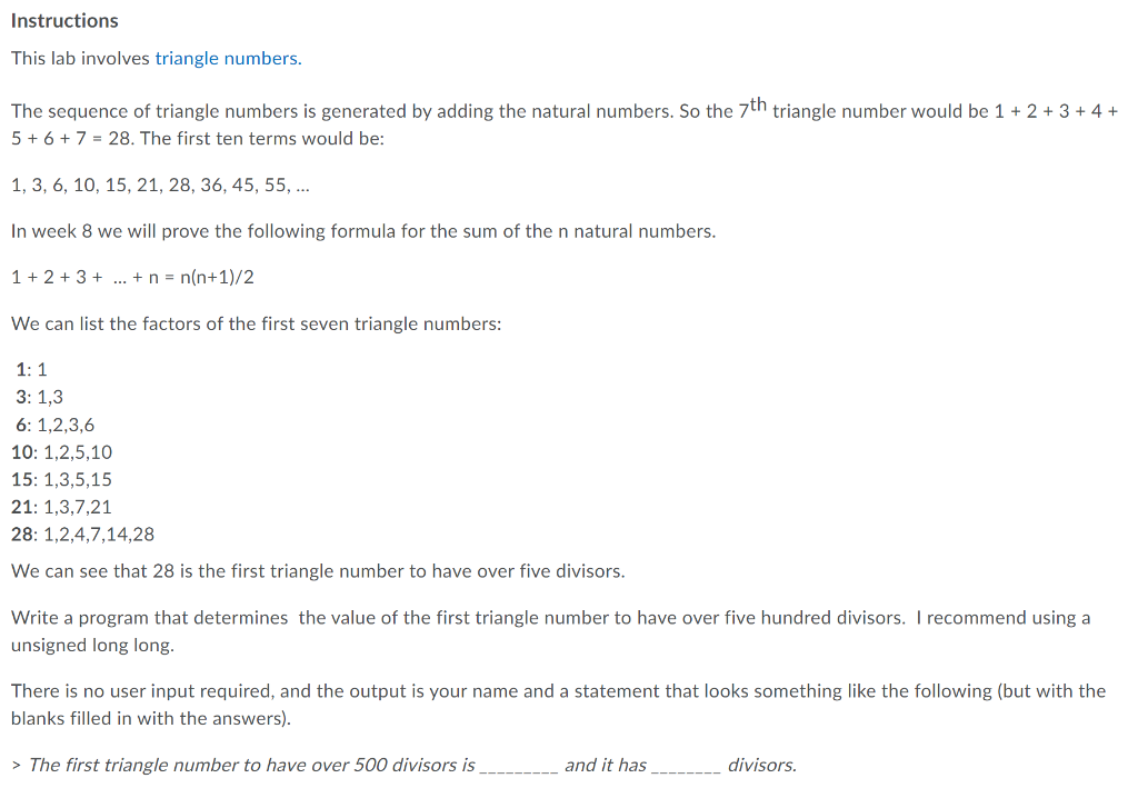 Solved Instructions This lab involves triangle numbers. The | Chegg.com