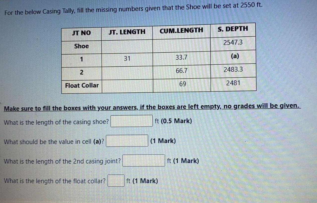 Solved For the below Casing Tally, fill the missing numbers | Chegg.com