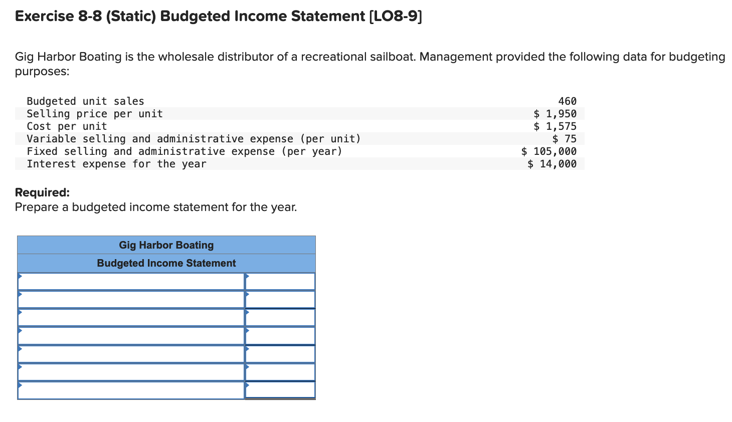 Solved Exercise 8-8 (Static) Budgeted Income Statement | Chegg.com Solved Exercise 8-8 (Static) Budgeted Income Statement | Chegg.com