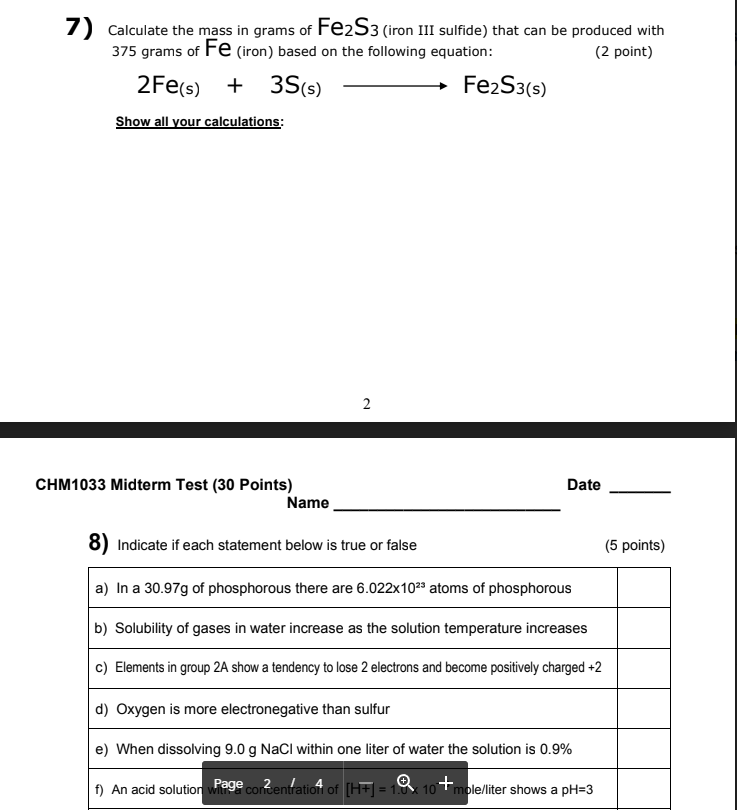Solved 7) Calculate the mass in grams of Fe2S3 (iron III | Chegg.com