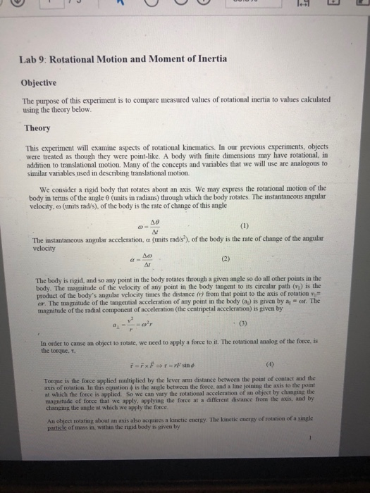 Lab 9: Rotational Motion and Moment of Inertia | Chegg.com