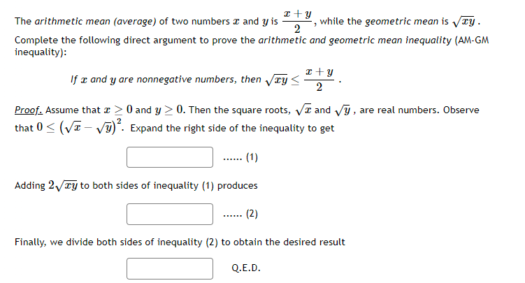 Solved The arithmetic mean (average) ﻿of two numbers x ﻿and | Chegg.com