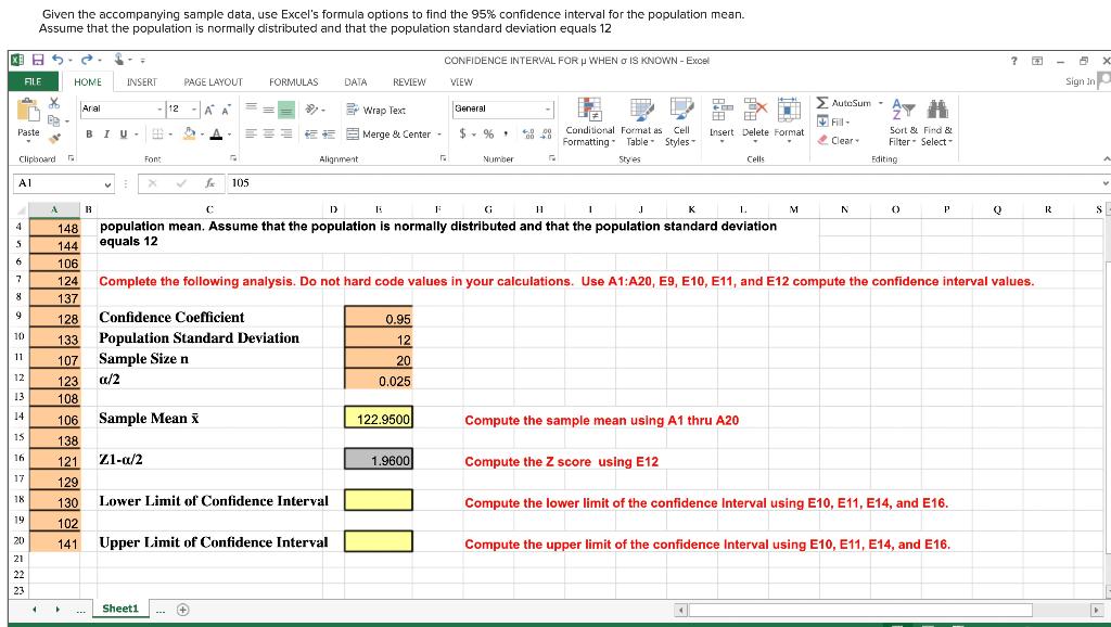 Solved Given the accompanying sample data, use Excel's | Chegg.com