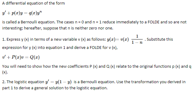 Solved A differential equation of the form y′+p(x)y=q(x)yn | Chegg.com