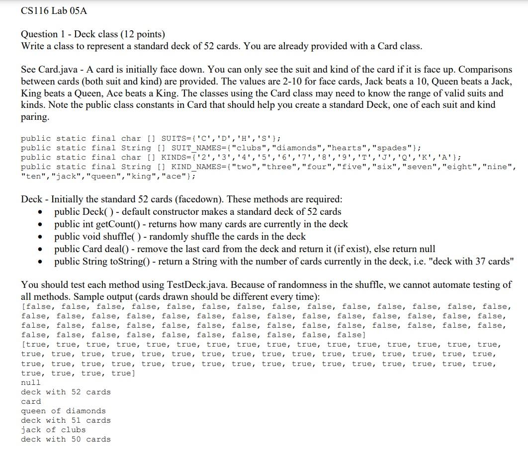 Solved Card.java public class Card { private char suit, | Chegg.com