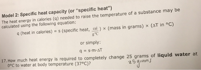 Solved Model 2: Specific heat capacity (or "specific heat") | Chegg.com