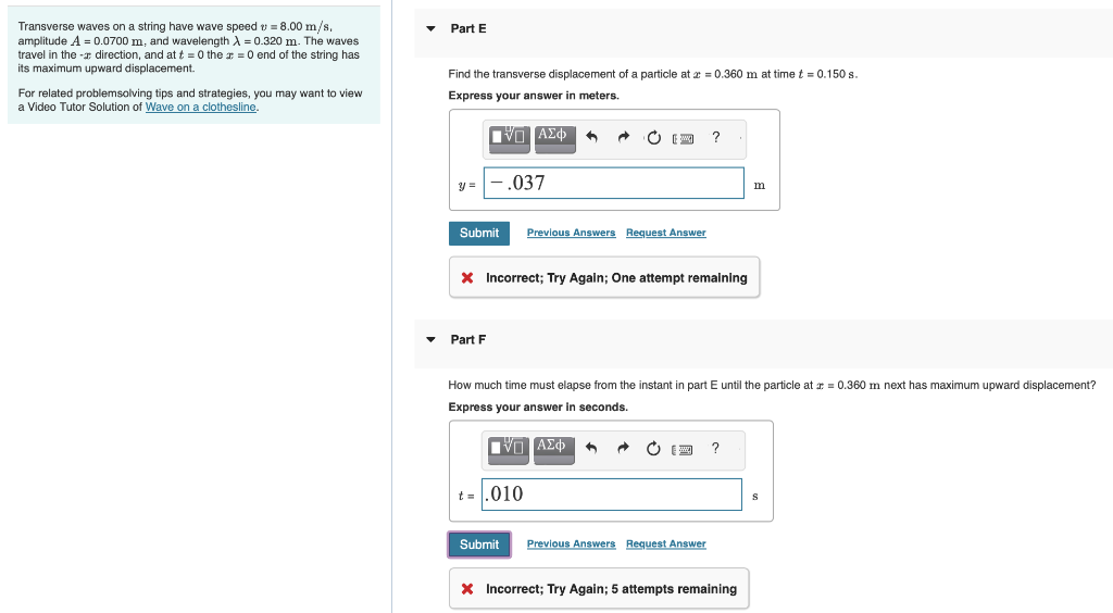Solved Transverse waves on a string have wave speed v=8.00 | Chegg.com