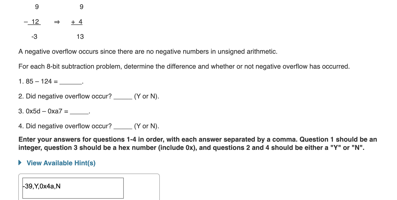 Solved 9 9 - 12 + 4 -3 13 A negative overflow occurs since | Chegg.com