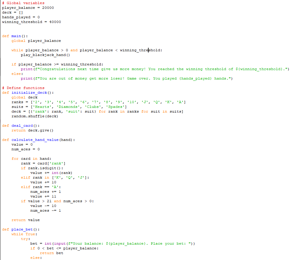 Solved For this we will be simulating the game of blackjack. | Chegg.com