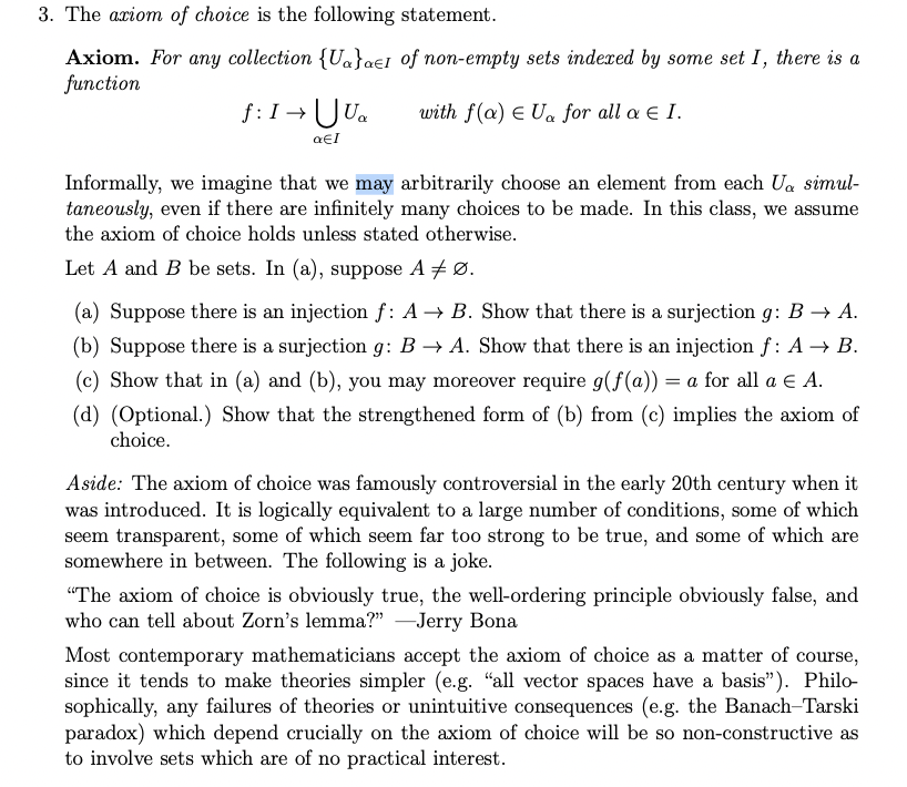 Solved The axiom of choice is the following statement. | Chegg.com