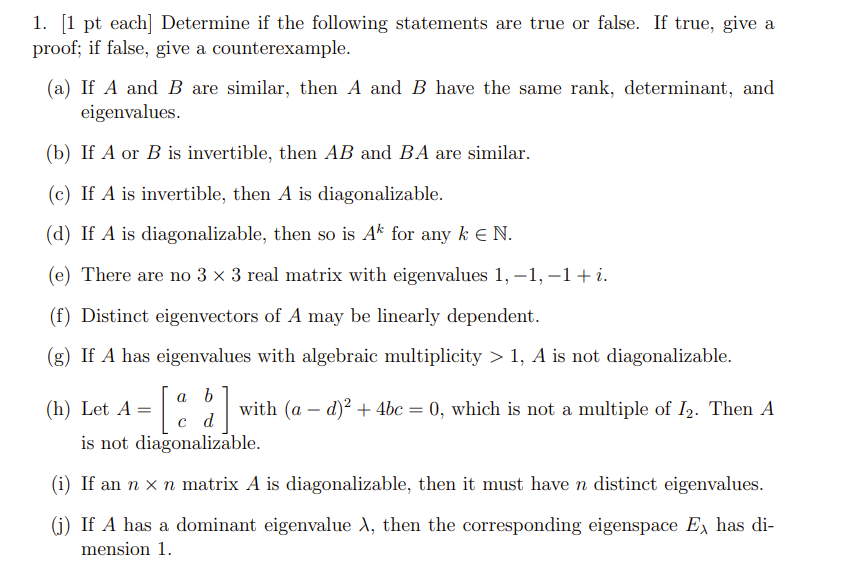 Solved 1. [1 pt each] Determine if the following statements | Chegg.com