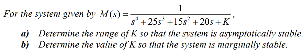 Solved For the system given by M(s)=1s4+25s3+15s2+20s+K,a) | Chegg.com