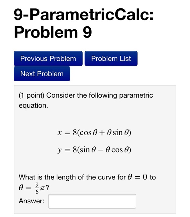 Solved 9-ParametricCalc: Problem 9 Previous Problem Problem | Chegg.com