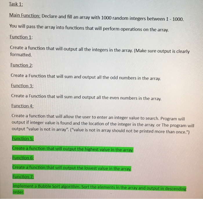 Solved Task 1: Main Function: Declare and fill an array with | Chegg.com
