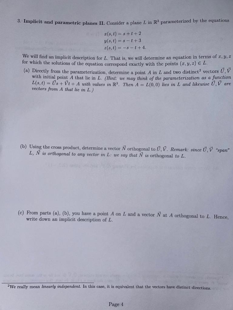 Solved 3. Implicit and parametric planes II. Consider a | Chegg.com