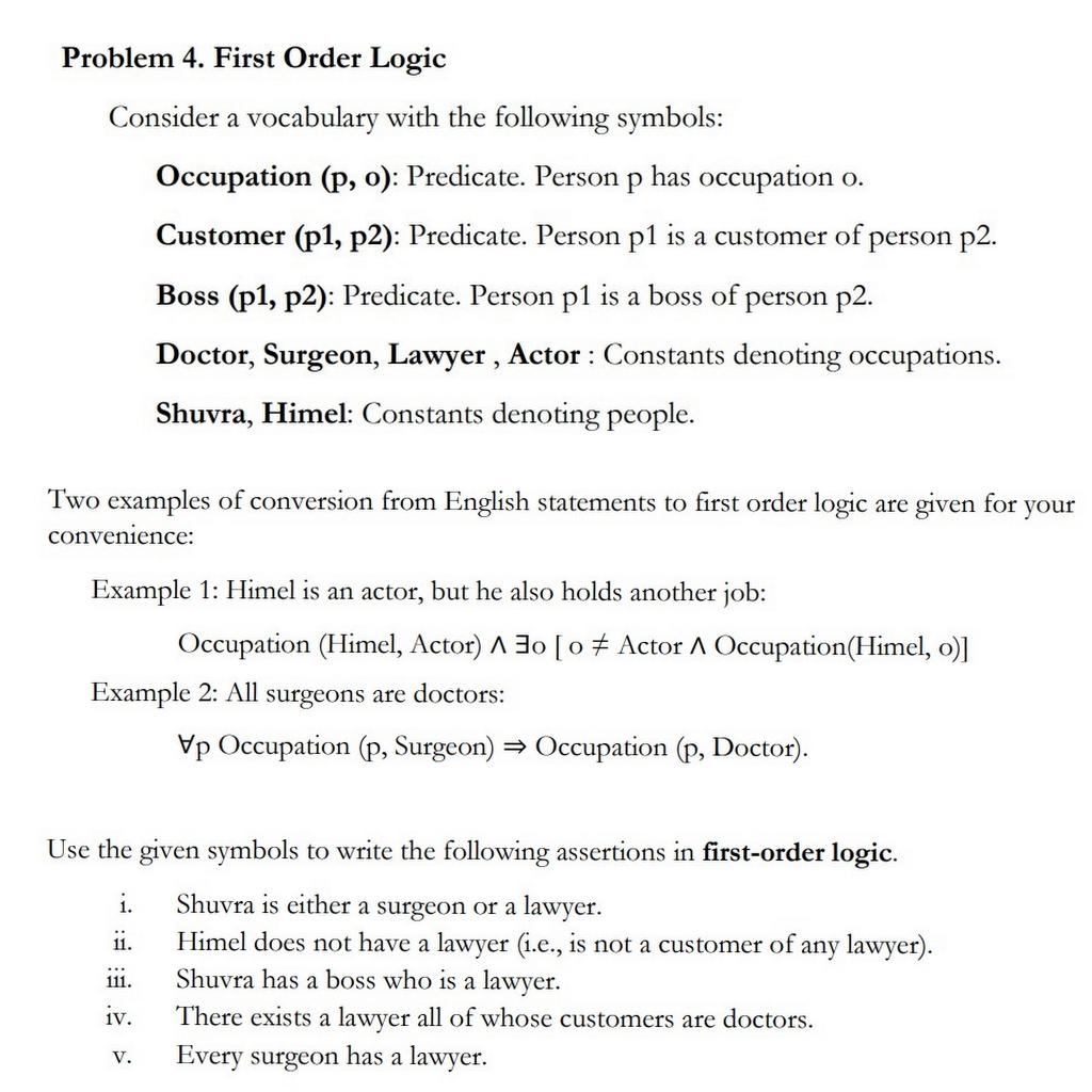 Solved Problem 4. First Order Logic Consider a vocabulary | Chegg.com