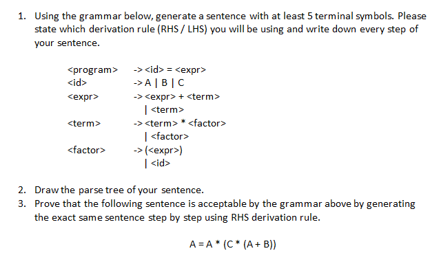 Solved 1. Using the grammar below, generate a sentence with | Chegg.com