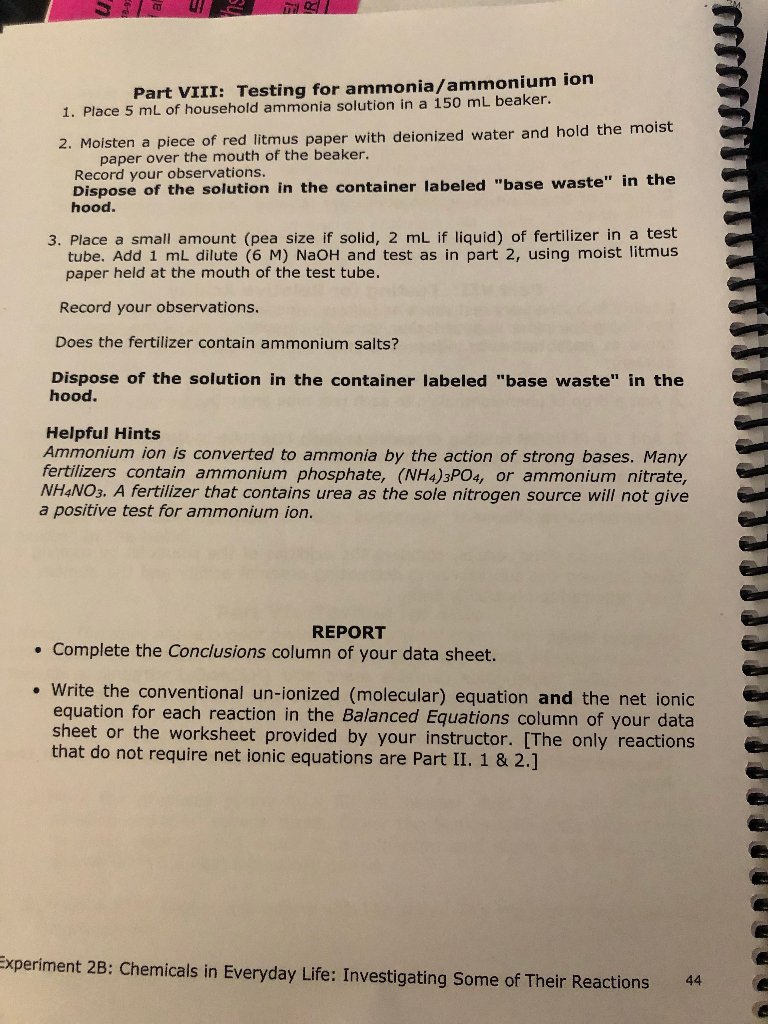 Solved Part VIII: Testing for ammonia/ammonium ion 1. Place | Chegg.com