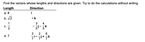 Solved Find the vectors whose lengths and directions are | Chegg.com