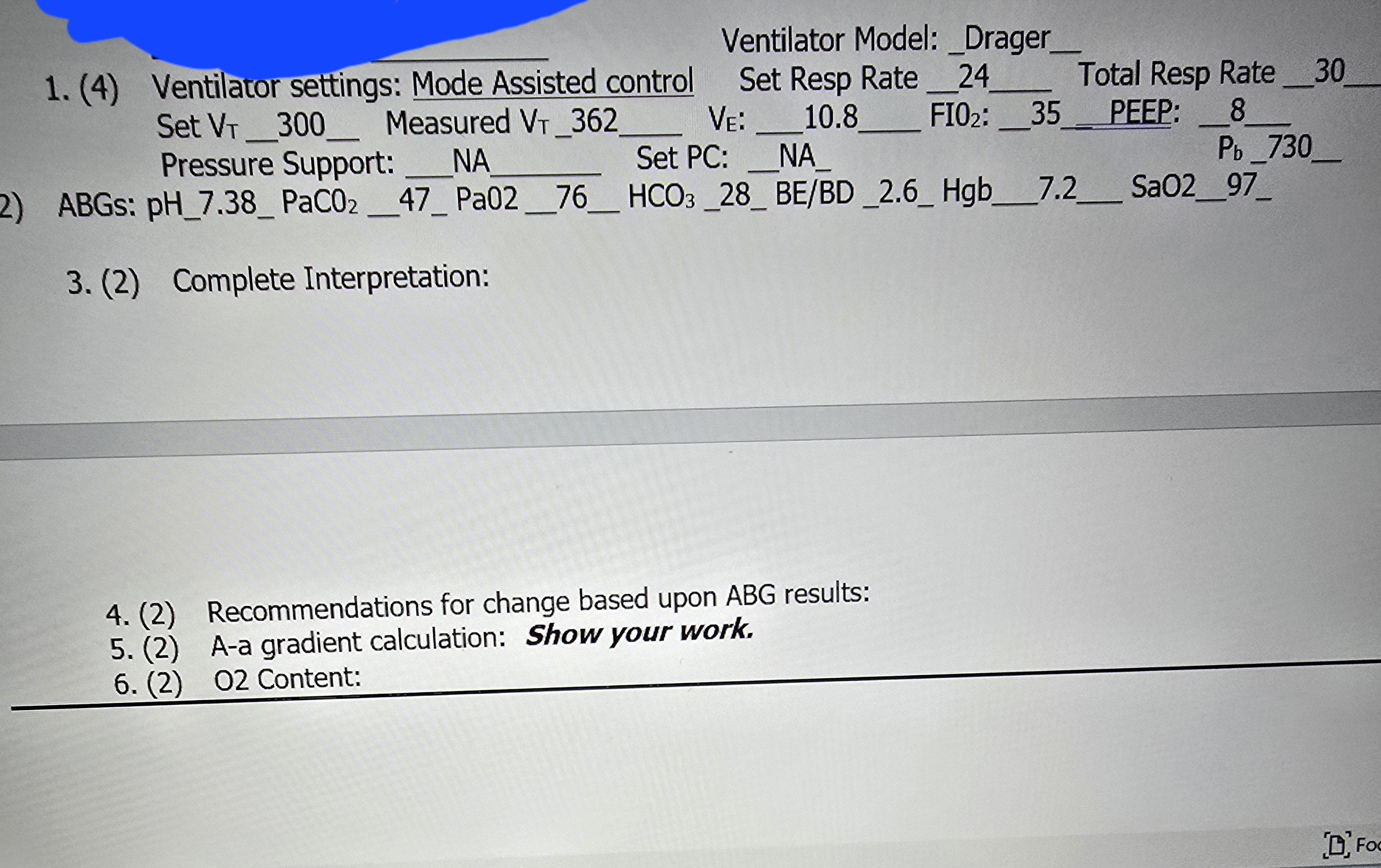 Solved Ventilator Model: _(4) ﻿Ventilator seltings: Mode | Chegg.com
