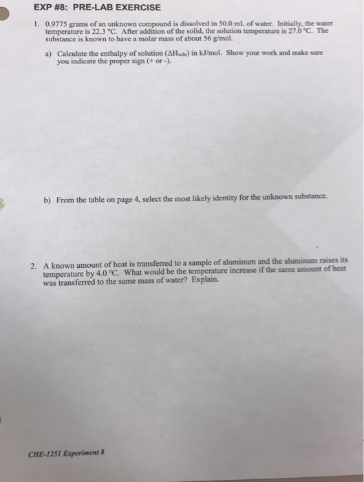 Solved EXP #8: PRE-LAB EXERCISE 1. 0.9775 grams of an | Chegg.com