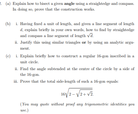 Solved . (a) Explain how to bisect a given angle using a | Chegg.com