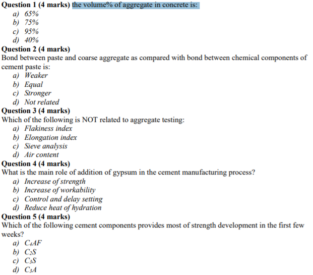 Solved Question 1 (4 marks) the volume of aggregate in | Chegg.com