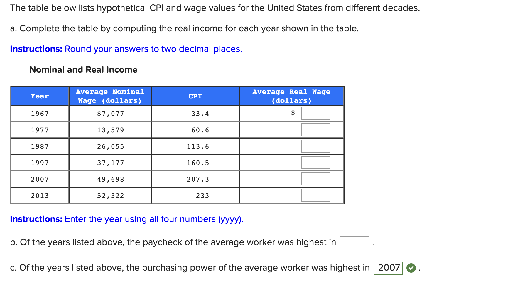 Solved The table below lists hypothetical CPI and wage | Chegg.com