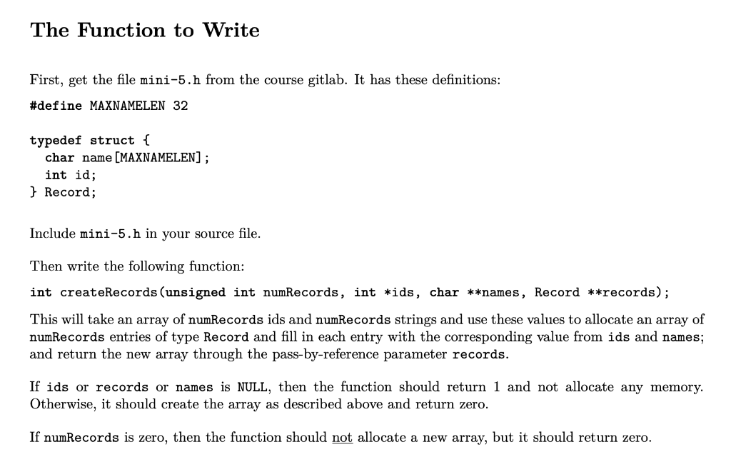 Solved The Function to Write First, get the file mini-5.h | Chegg.com