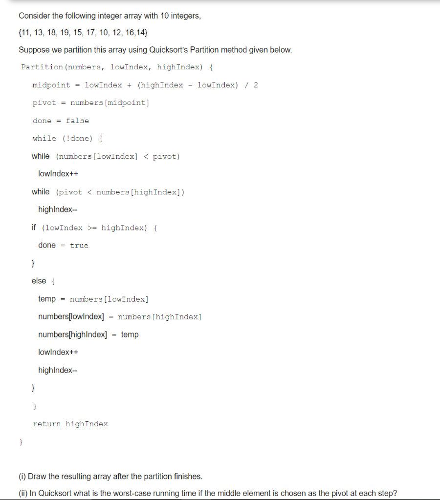 Solved (i) Draw the resulting array after the partition | Chegg.com