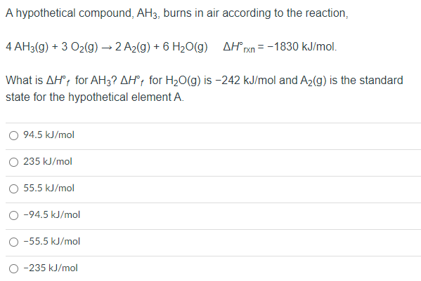 Solved A hypothetical compound, AH3, burns in air according | Chegg.com