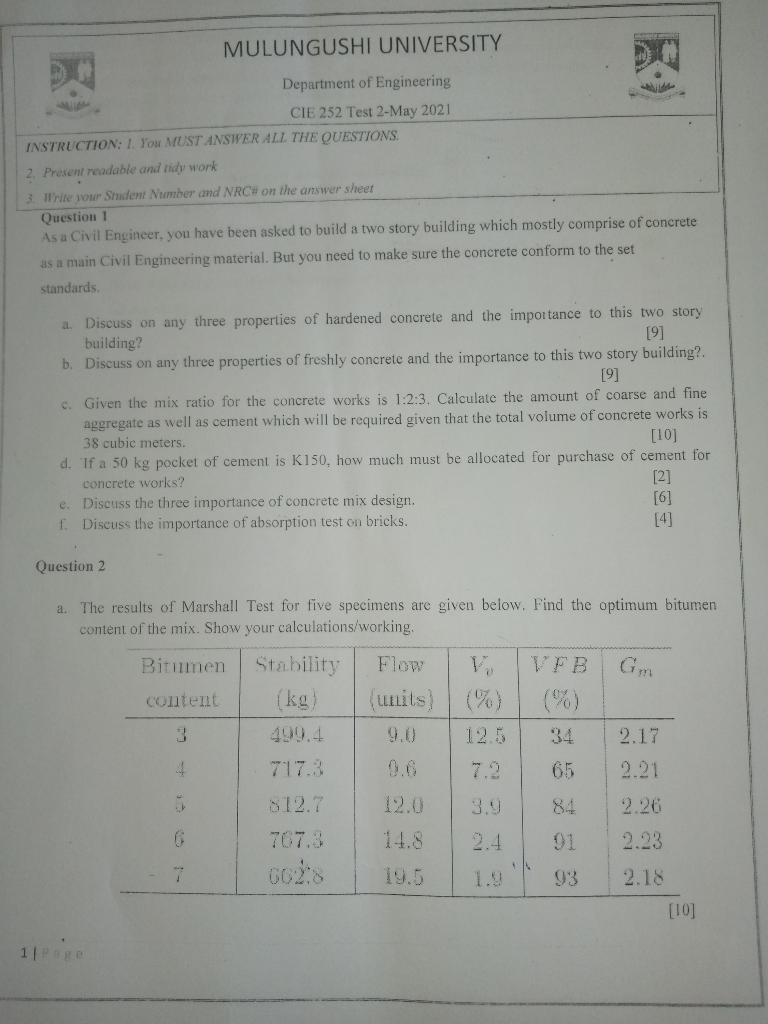 Solved MULUNGUSHI UNIVERSITY Department of Engineering CIE | Chegg.com